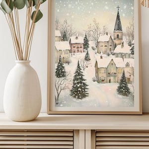 Vintage Christmas Village Painting, Rustic Winter Style Christmas Decor ...