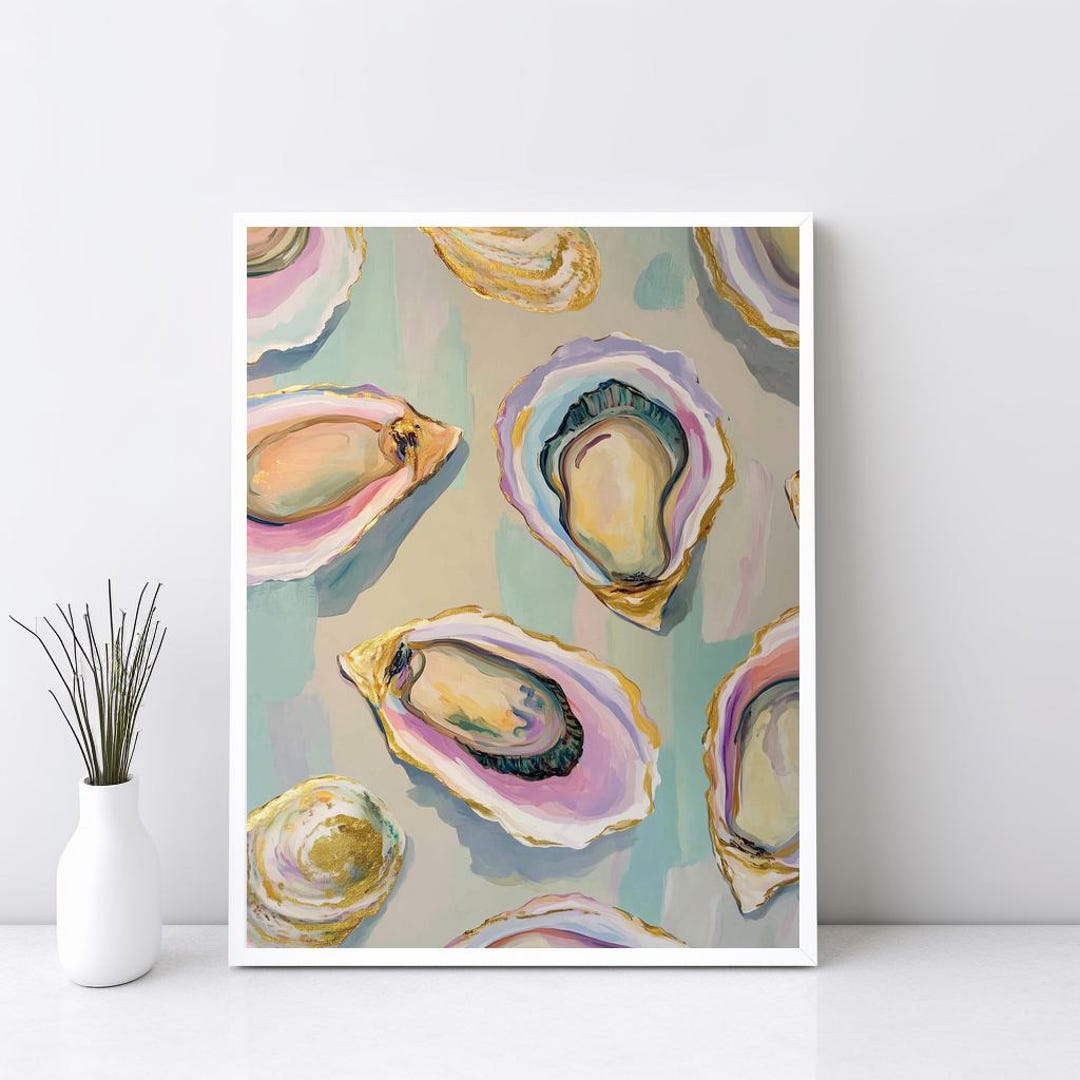 Colorful Oyster Shell Painting, Coastal Pastel Abstract Beach House ...
