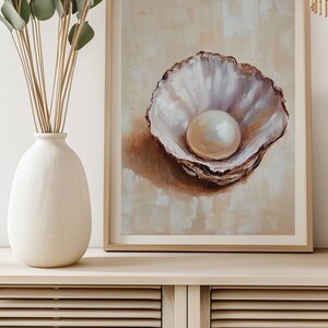 Seashell With Pearl Oil Painting, Coastal Wall Art Aesthetic, Neutral ...
