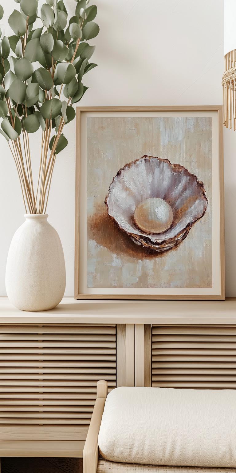 Seashell With Pearl Oil Painting, Coastal Wall Art Aesthetic, Neutral ...