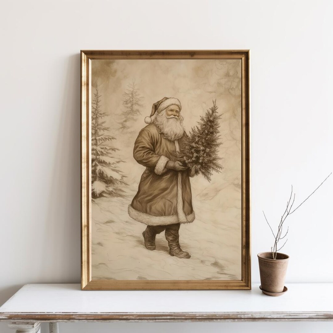 Vintage Christmas Santa Wall Art, Neutral Santa Holding Tree Christmas ...