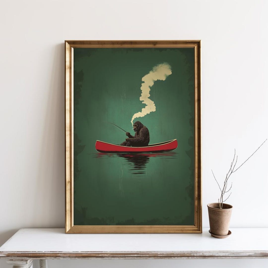 Bigfoot on a Red Canoe Fishing Wall Art, Lake House Wall Decor, Retro ...