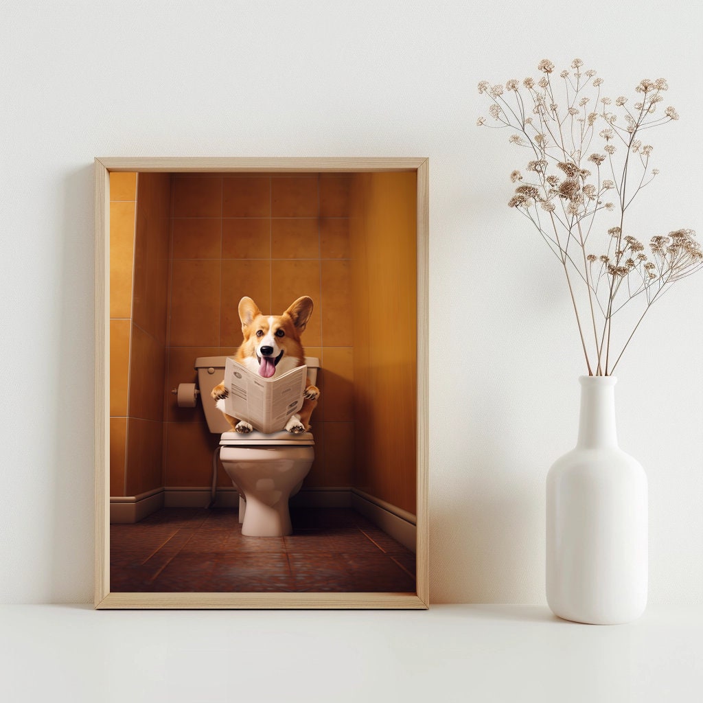 Corgi Funny Wall Art, Bathroom Decor, Corgi Dog on Toilet, Animal in ...