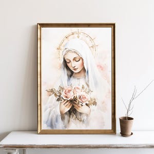 Virgin Mary Watercolor Wall Art, Blessed Mary Digital Print, Catholic ...
