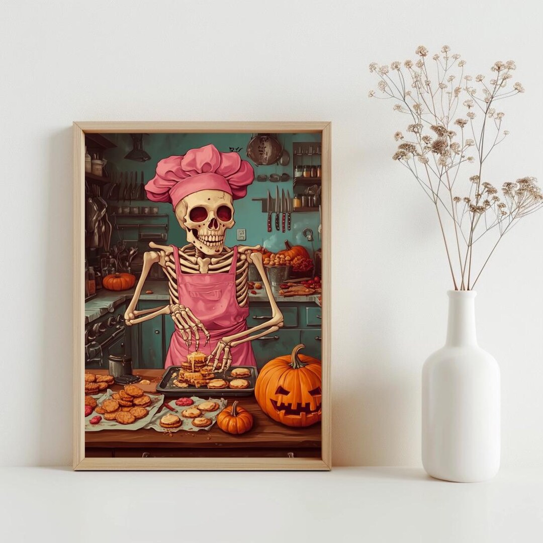 Baking Skeleton Chef in Pink Poster, Trendy Pink Halloween Digital ...