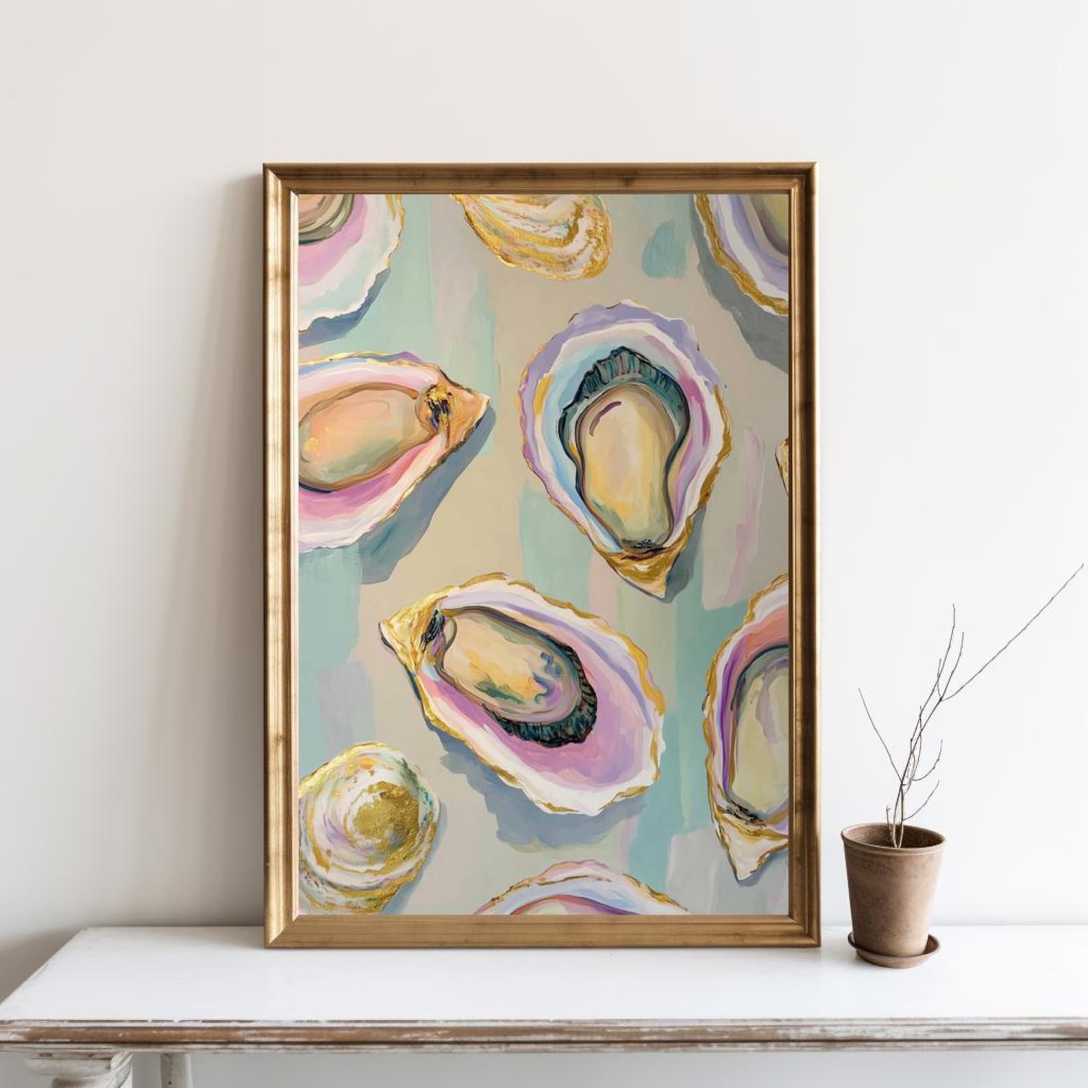 Colorful Oyster Shell Painting, Coastal Pastel Abstract Beach House ...