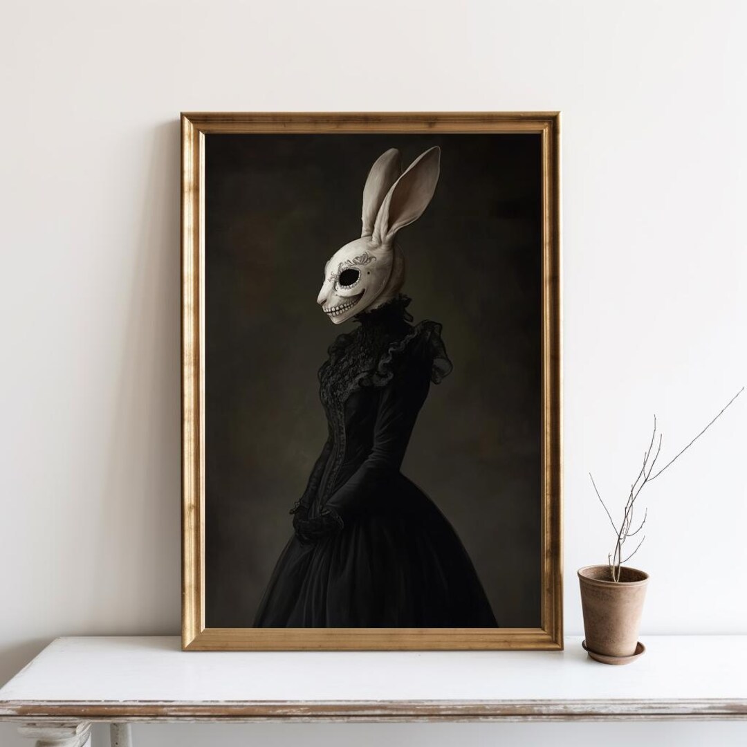 Lady in Black Vintage Painting, Gothic Home Decor, Dark Rabbit Art ...