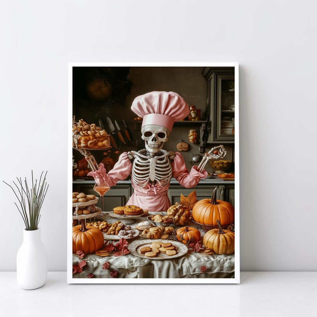 Baking Skeleton Chef in Pink Poster, Trendy Pink Halloween Digital ...