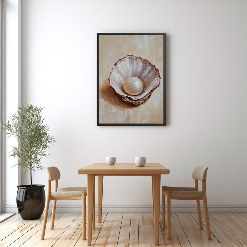 Seashell With Pearl Oil Painting, Coastal Wall Art Aesthetic, Neutral ...