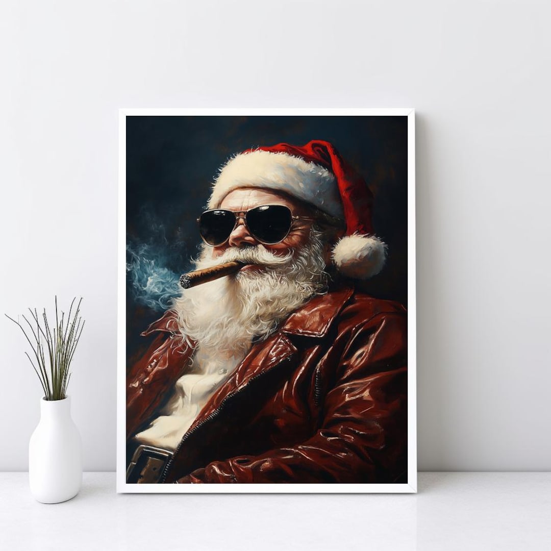Santa Smoking Cigar Wall Art, Funny Santa Clause Painting, Farmhouse ...