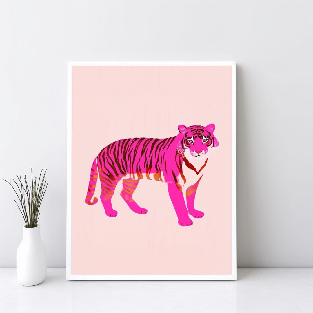 Pink Tiger Wall Art, Pink Orange Animal Painting Wall Art, Large ...