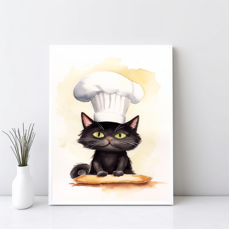 Chef Cat Art Print, Cat Making Biscuits Wall Art, Cute Cat Chef Hat ...