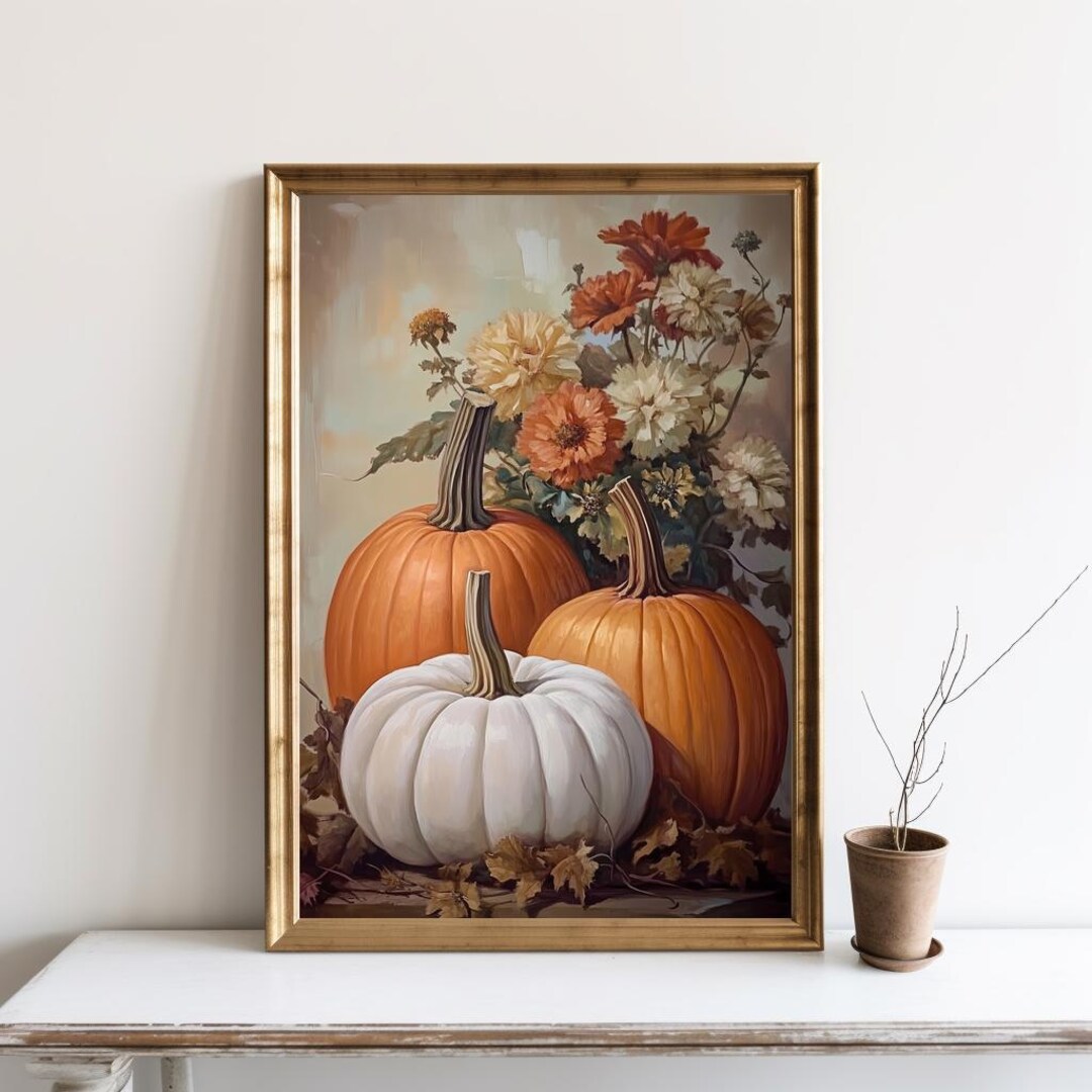 Pumpkin Still Life Painting, Rustic Fall Wall Art, Vintage Autumn Wall ...