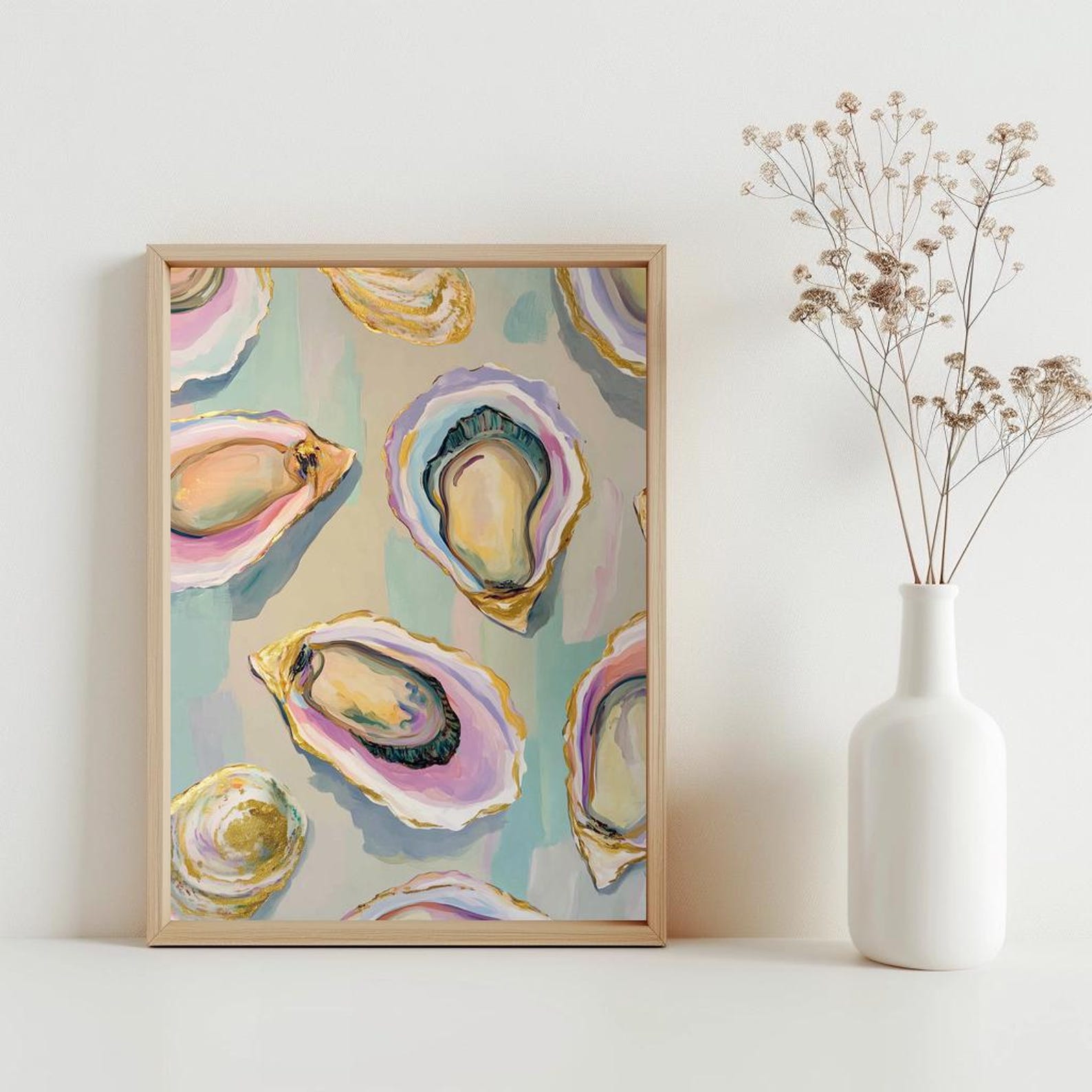 Colorful Oyster Shell Painting, Coastal Pastel Abstract Beach House ...