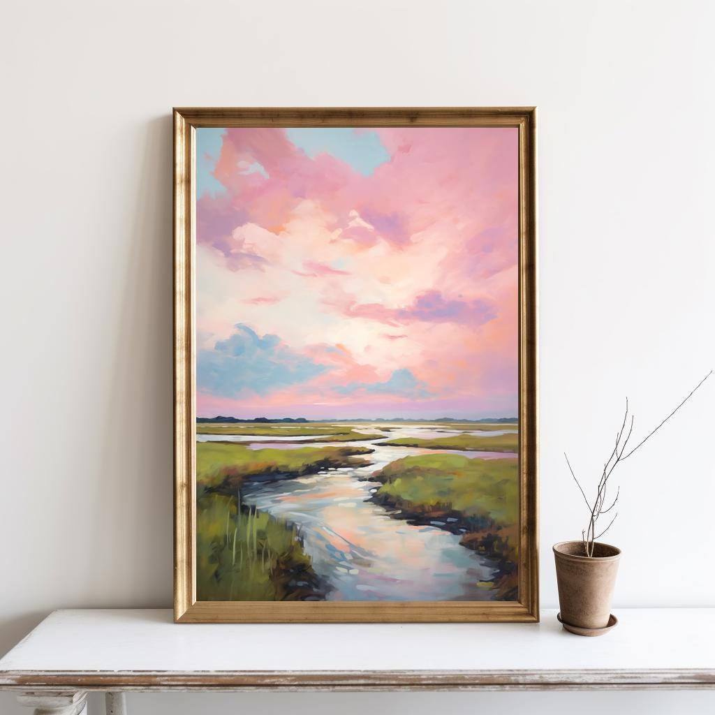 Pastel Marsh Sunset Landscape Painting, Pink Beach House Carolina ...
