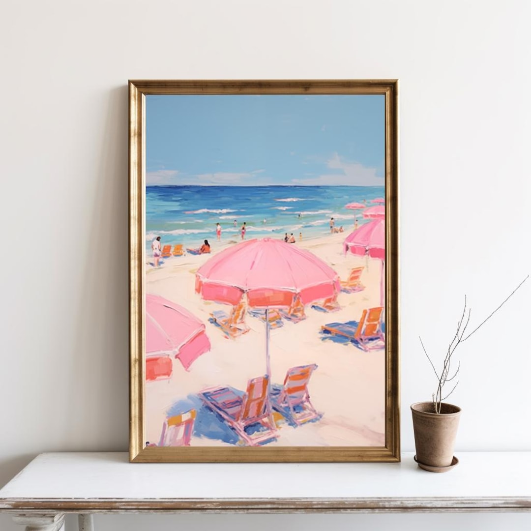 Retro Beach Wall Art, Pink Girly Beach Wall Art, Preppy Coastal Room ...