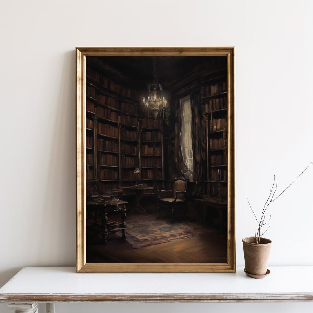 Vintage Victorian Library Painting, Dark Library Painting, Moody Wall ...