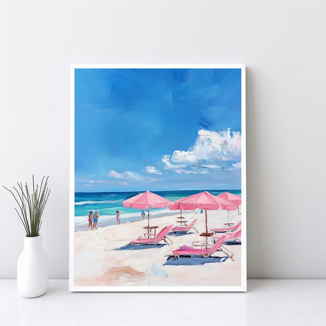 Retro Beach Wall Art, Pink Girly Beach Wall Art, Preppy Coastal Room ...