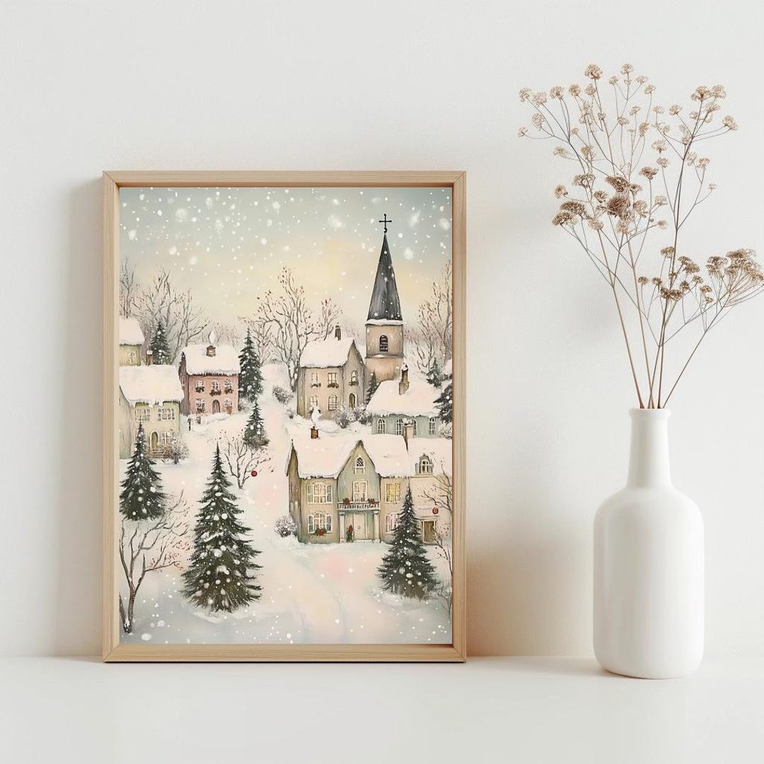 Vintage Christmas Village Painting, Rustic Winter Style Christmas Decor ...