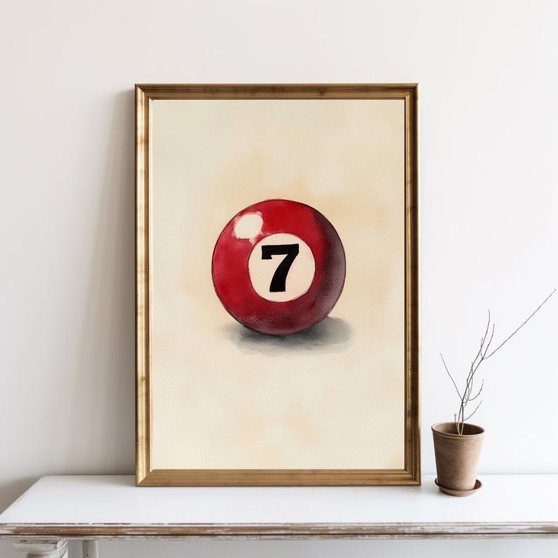 Vintage #7 Pool Ball Print, Retro Wall Art, Lucky Pool Ball, Hand-drawn ...