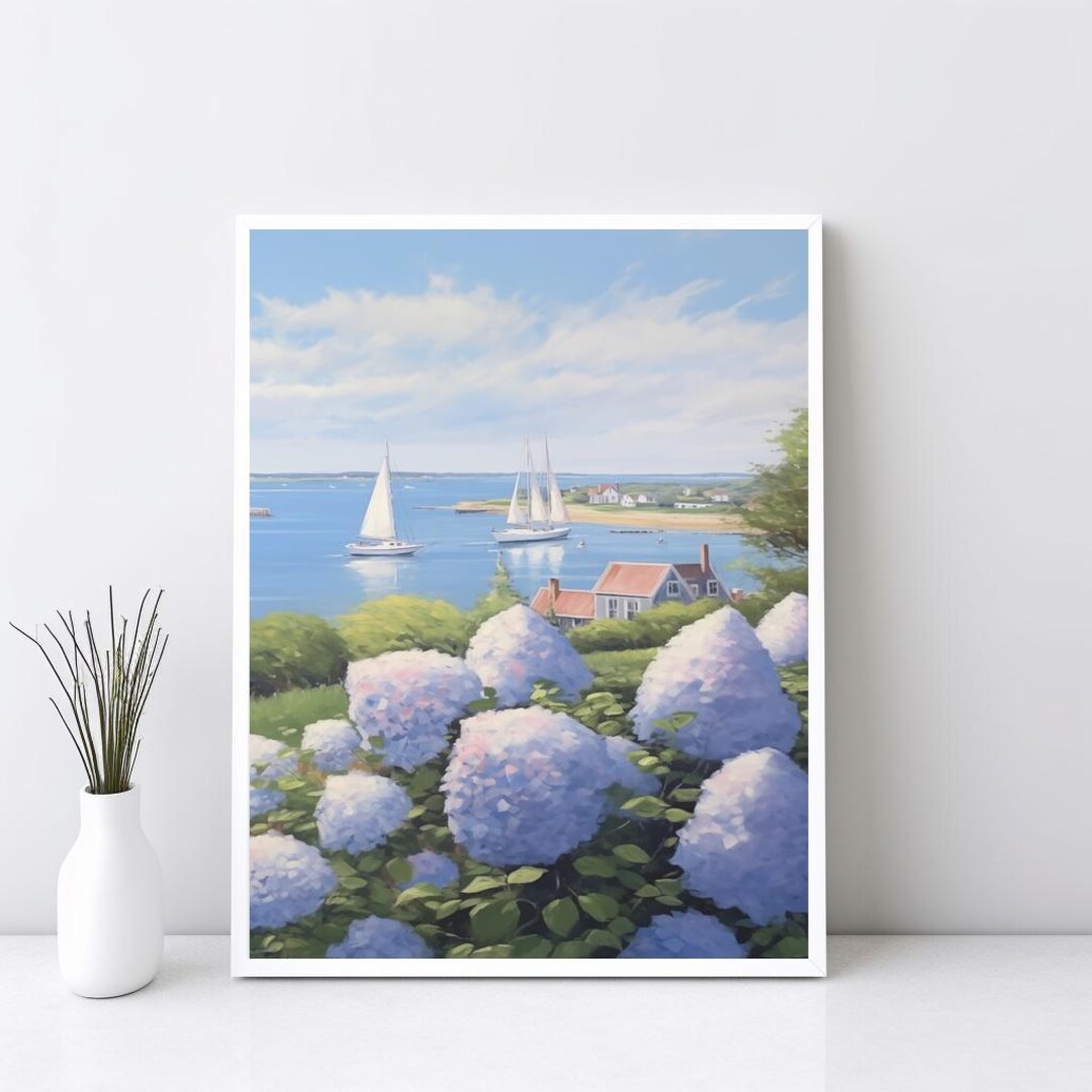 Seaside Sailboat and Hydrangeas Wall Art, Nantucket Print, Luxury ...