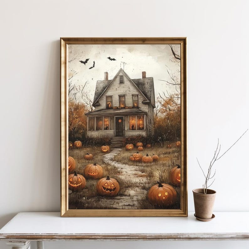 Spooky Halloween Farmhouse Painting, Pumpkin Patch Vintage Wall Art ...