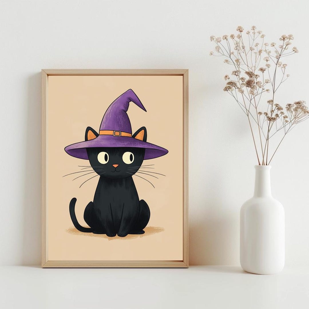 Cute Black Cat Halloween Wall Art, Cute Kitty Witch Hat Fall Decor ...