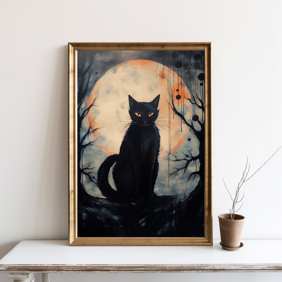 Black Cat Wall Art, Dark Feline Poster, Haunting Surreal Landscape ...