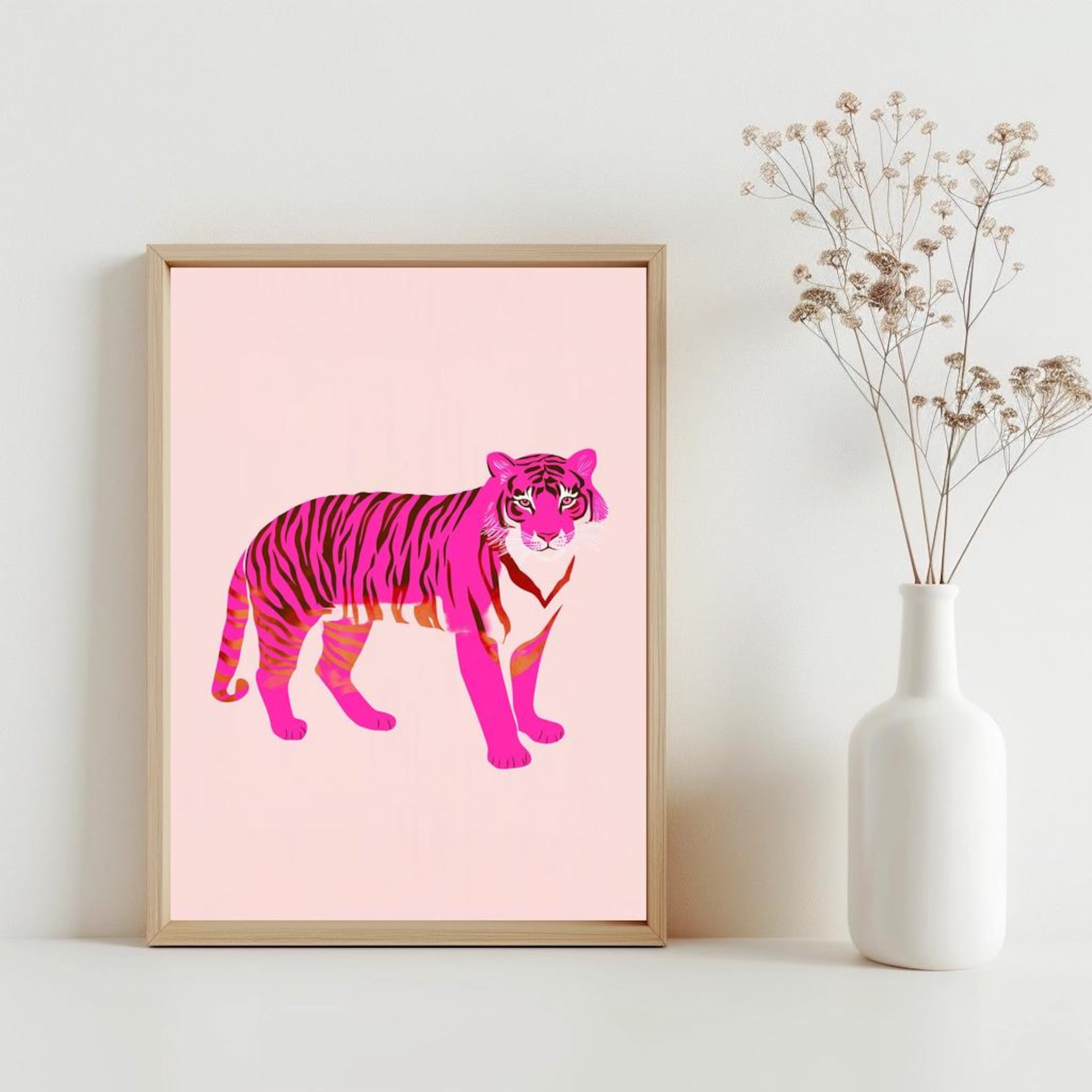 Pink Tiger Wall Art, Pink Orange Animal Painting Wall Art, Large ...