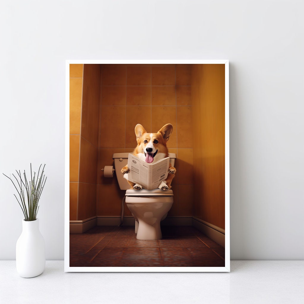 Corgi Funny Wall Art, Bathroom Decor, Corgi Dog on Toilet, Animal in ...