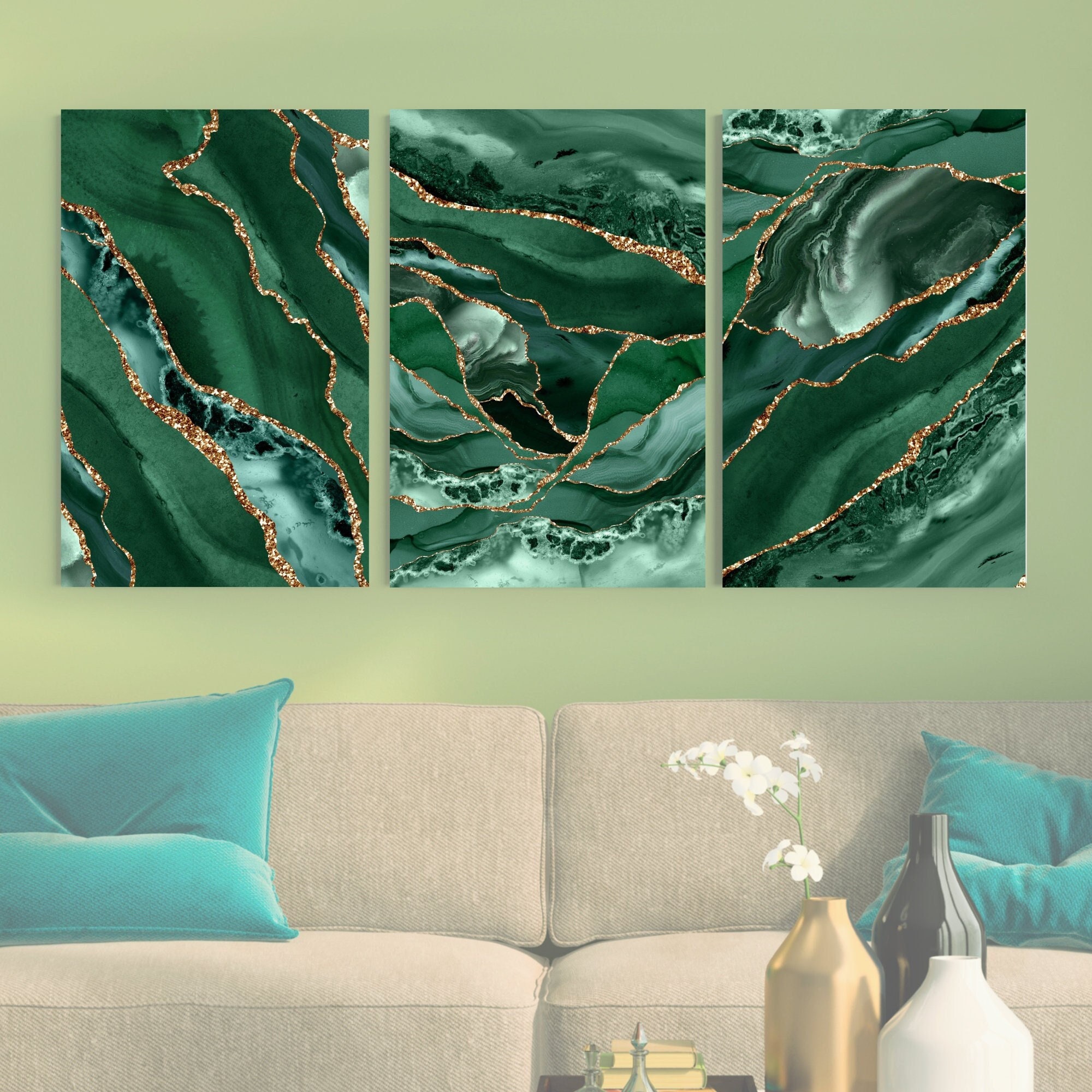 Emerald and Gold Wall Art, Emerald Green Print, Set of 3 Prints, Dark ...