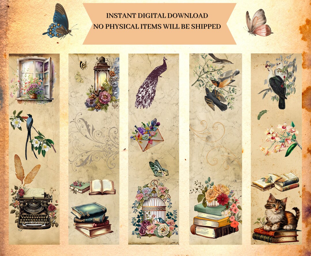 Printable Vintage Bookmarks Set of 5 PDF Bookmarks Digital - Etsy