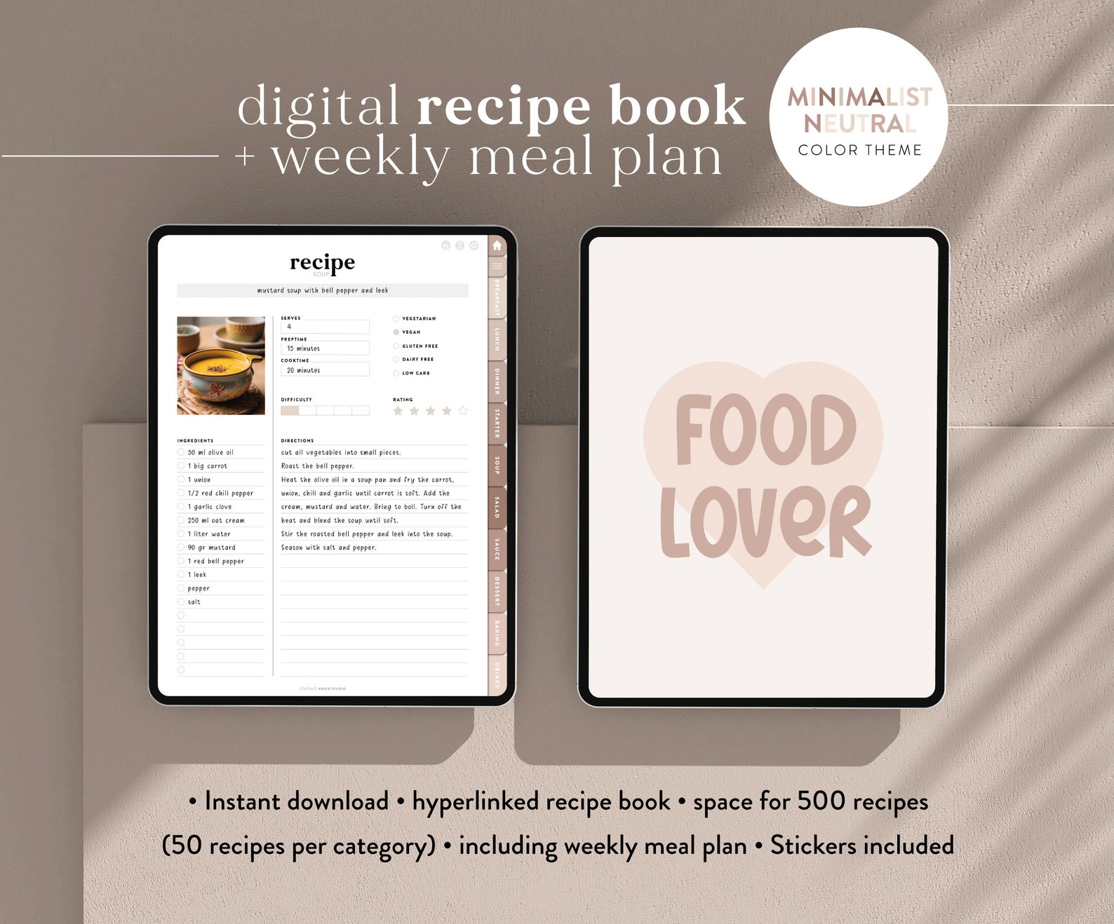 Minimalist Neutral Digital Recipe Book and Meal Planner Weekly Meal ...