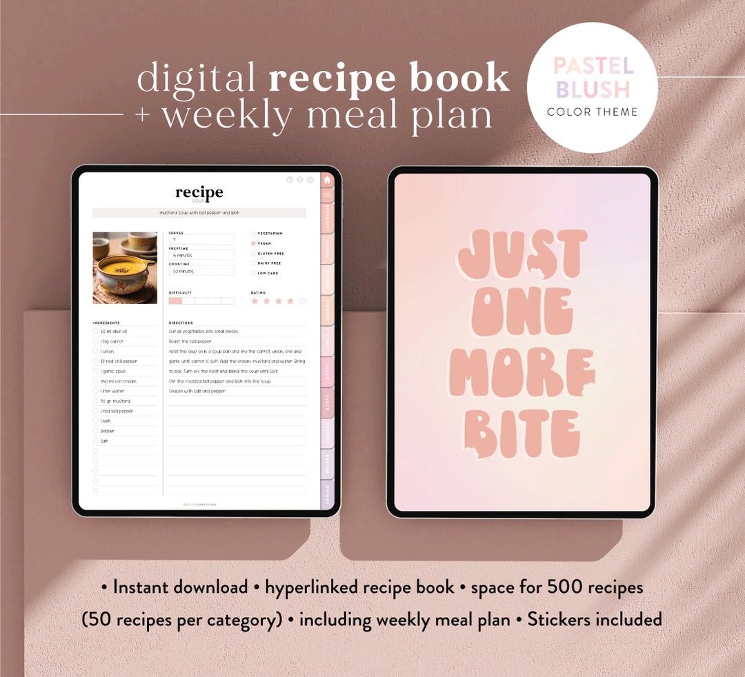 Blush Pastel Digital Recipe Book With Weekly Meal Planner - Etsy