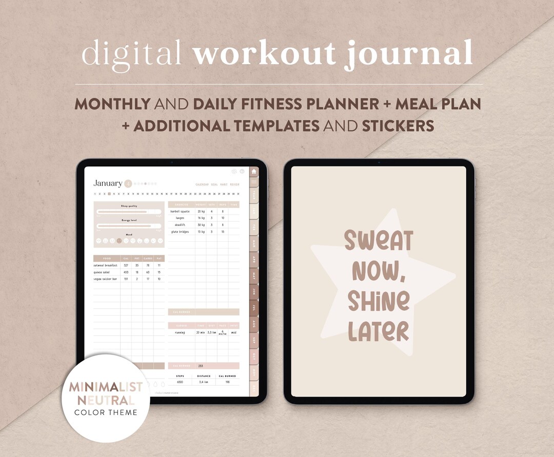 Digital Fitness Planner & Tracker in Neutral Beige, Meal Planning ...