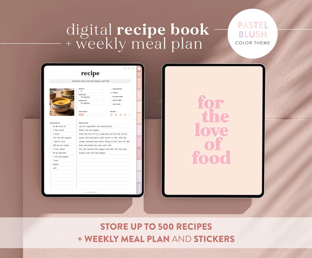 Blush Pastel Digital Recipe Book With Weekly Meal Planner Recipe ...