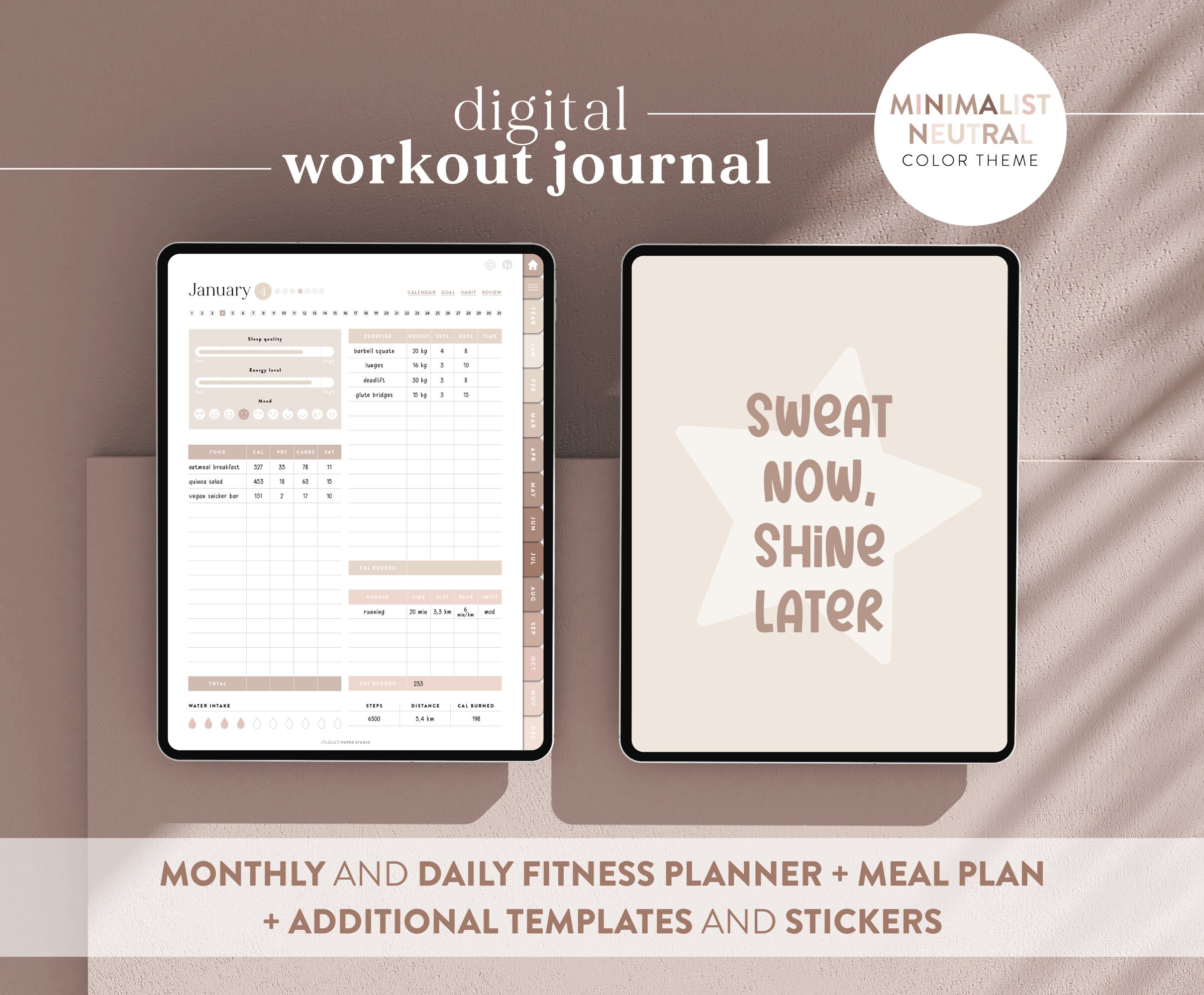 Digital Fitness Planner & Tracker in Neutral Beige, Meal Planning ...