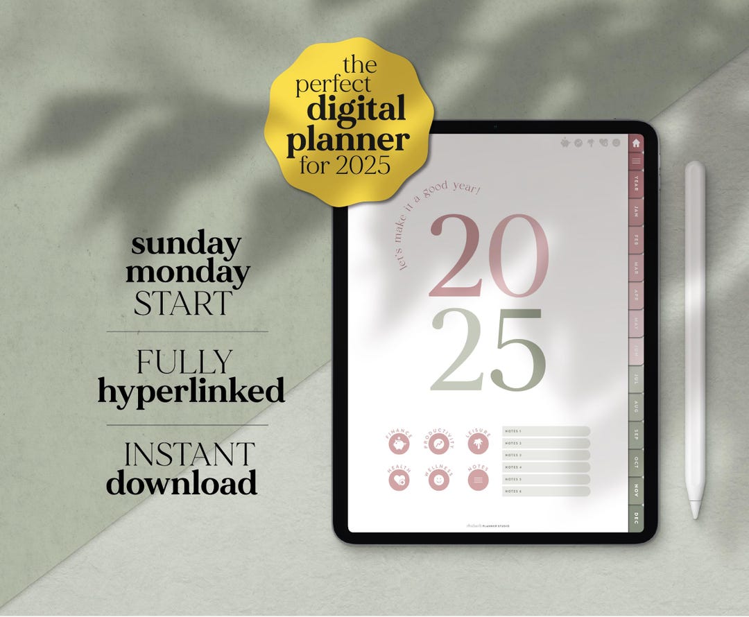 2025 Digital Planner in Green Pink - Monday & Sunday Start - Fully ...
