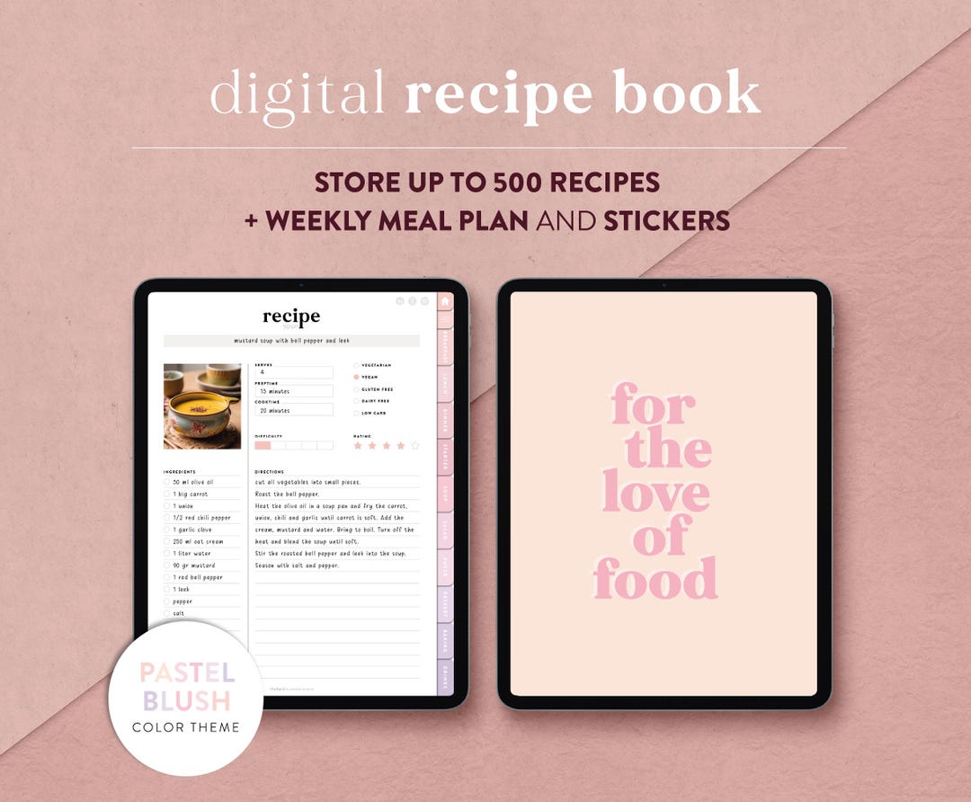 Blush Pastel Digital Recipe Book With Weekly Meal Planner - Recipe ...