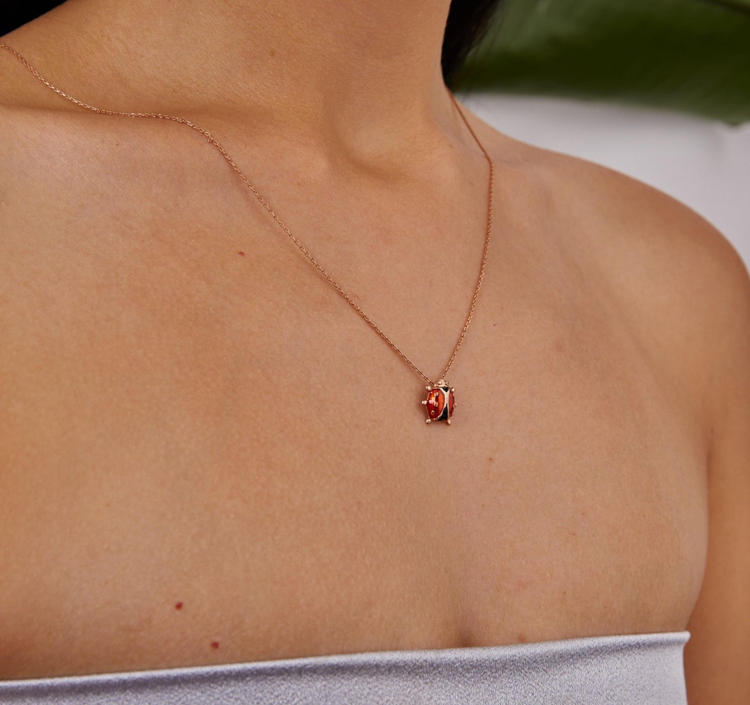 14K Gold Red Ladybird Necklace, Minimalist Ladybug Pendant, Animal ...