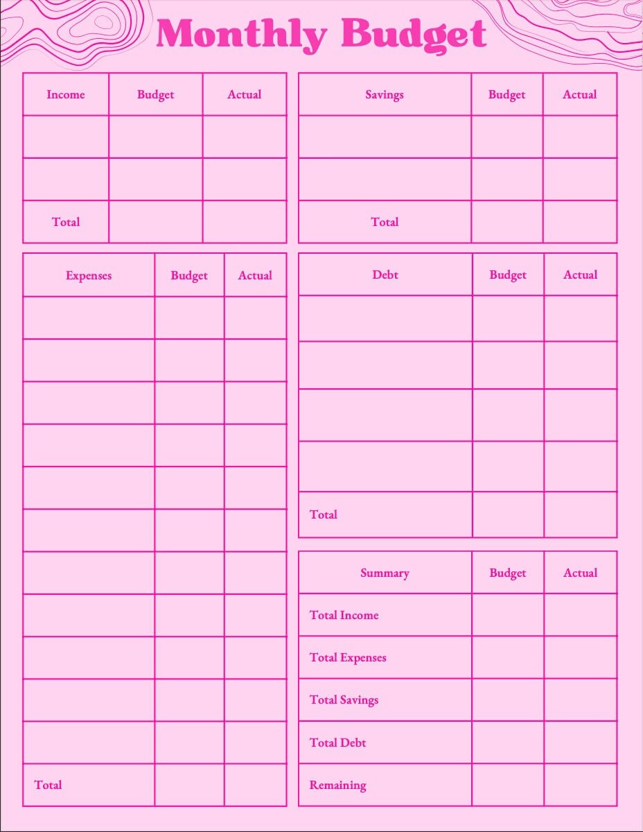 Groovy Pink Monthly Budget Sheet, Digital Monthly Budget Sheet - Etsy