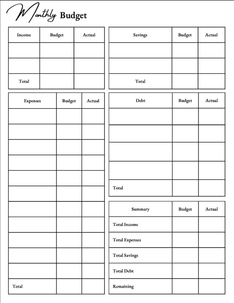Monthly Budget Sheet, Digital or Printable - Etsy