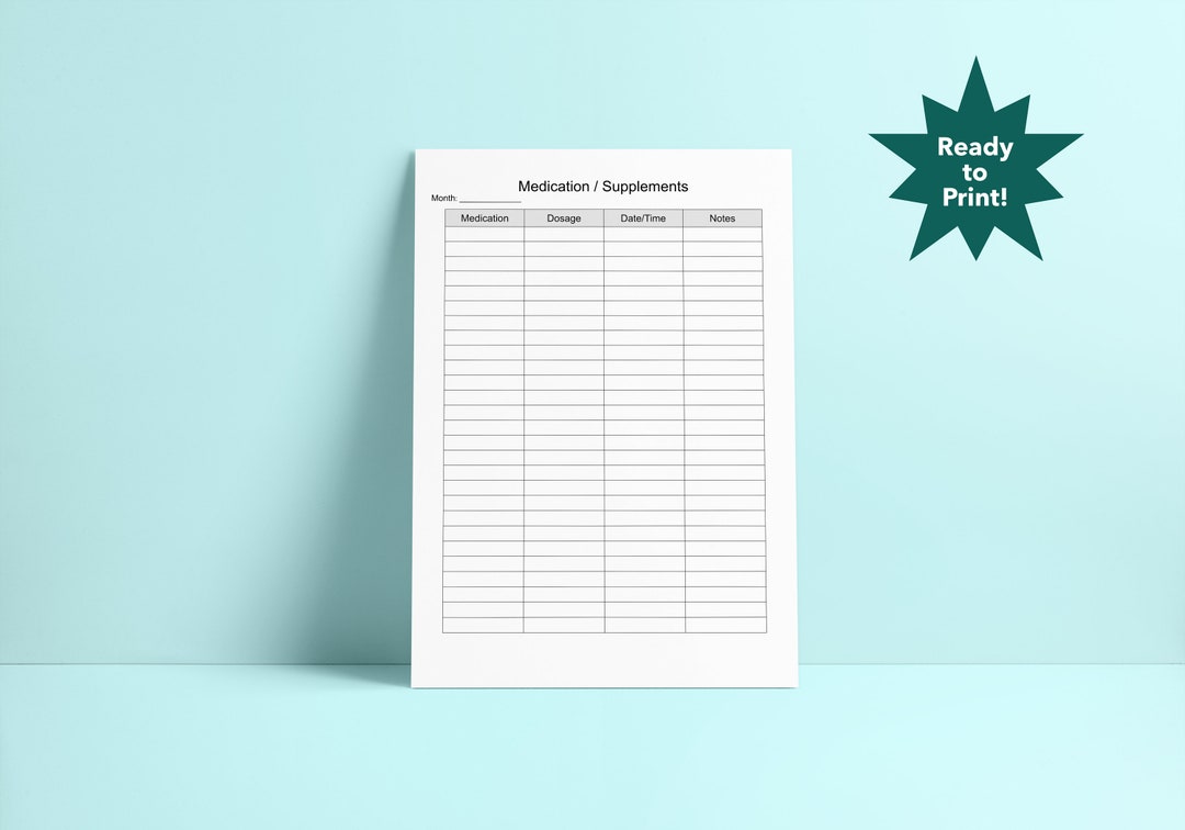 Medication and Supplement List, Medication Records, Medication Log ...