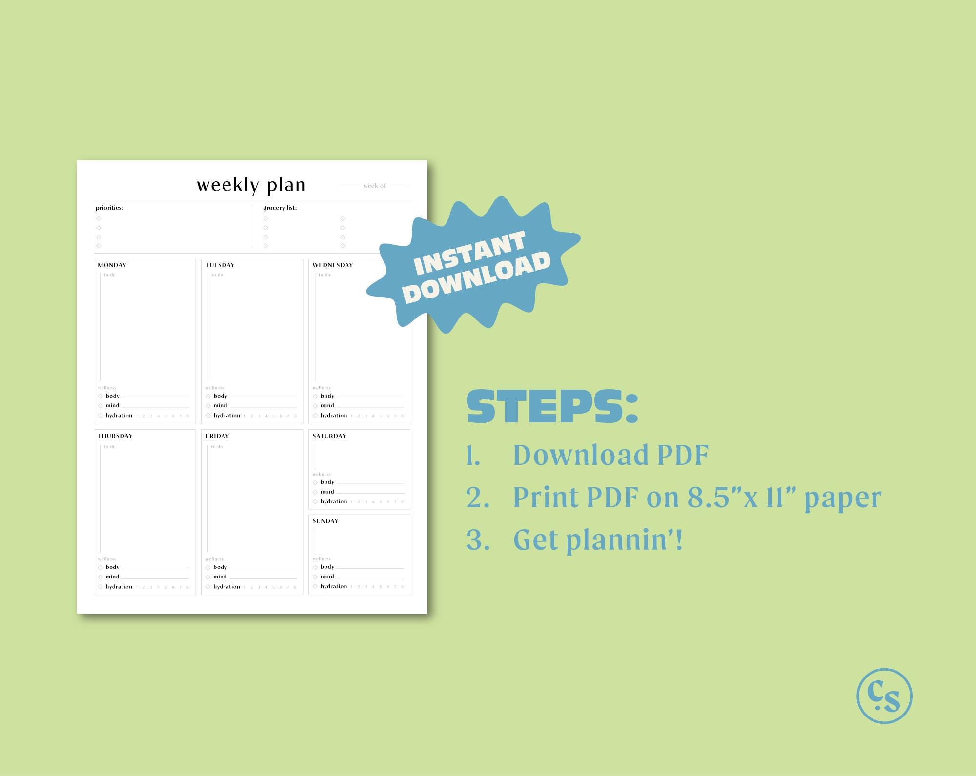 Weekly Task and Self Care Planner, Instant Download, Digital Download ...