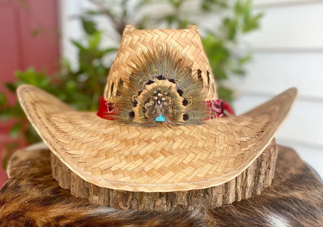 Western Palm Leaf Hat, Feather Crest Embellishment - Etsy