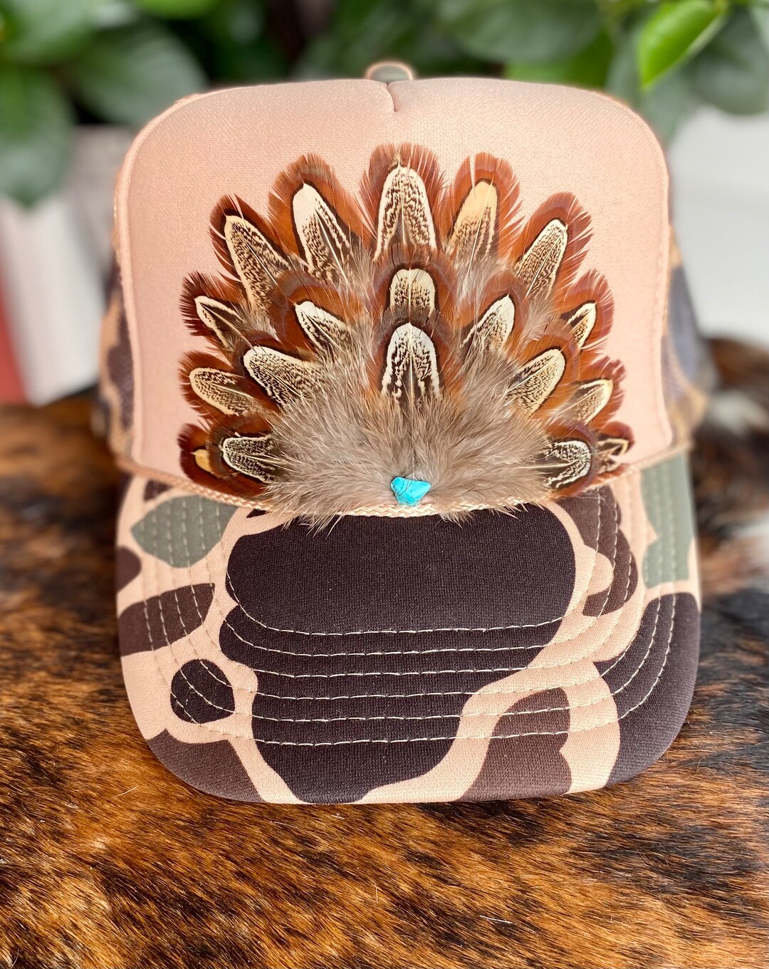 Feather Trucker Hat in Tan and Camo, Cowgirl Trucker, Western Trucker ...