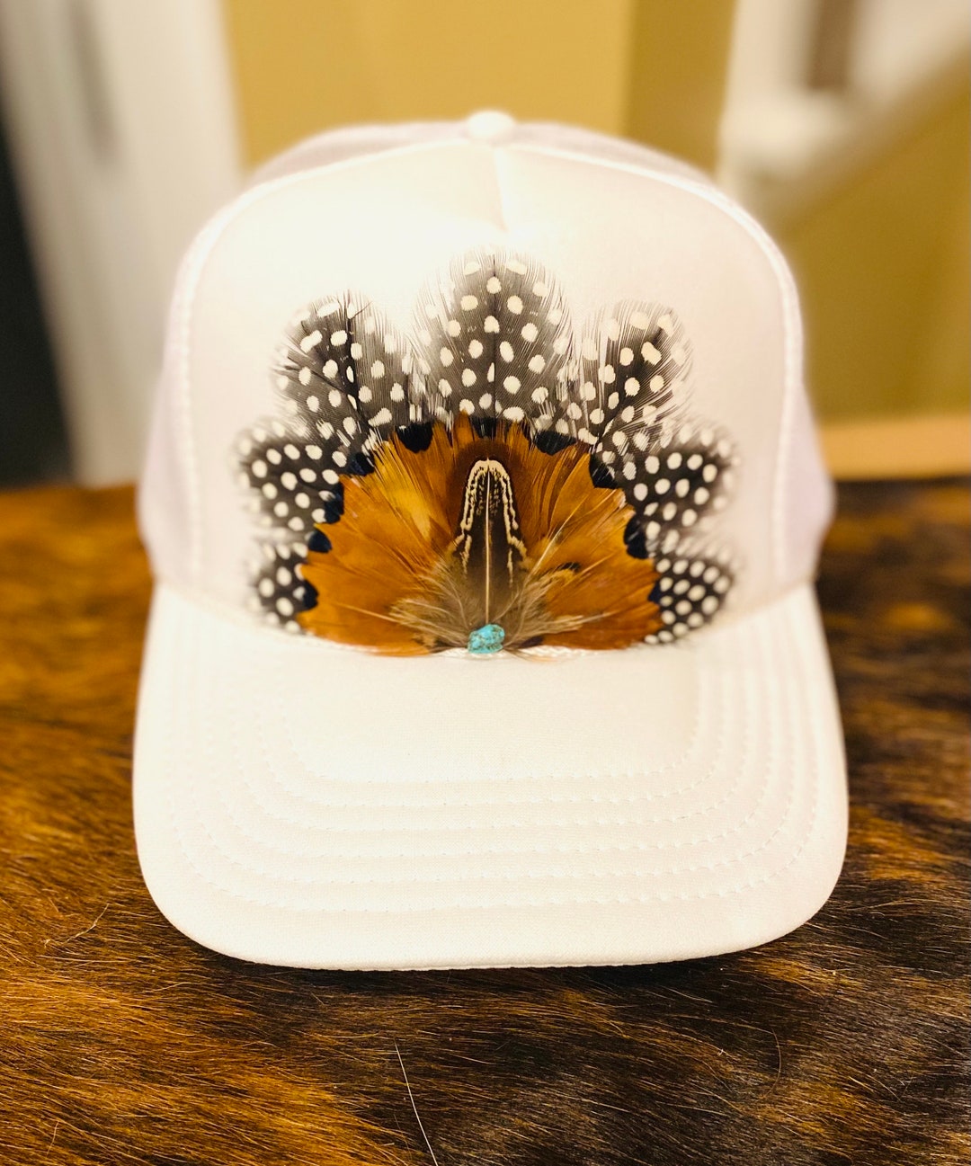 Authentic Feather Trucker Hat in WHITE Spotted/polka Dot Feathers ...