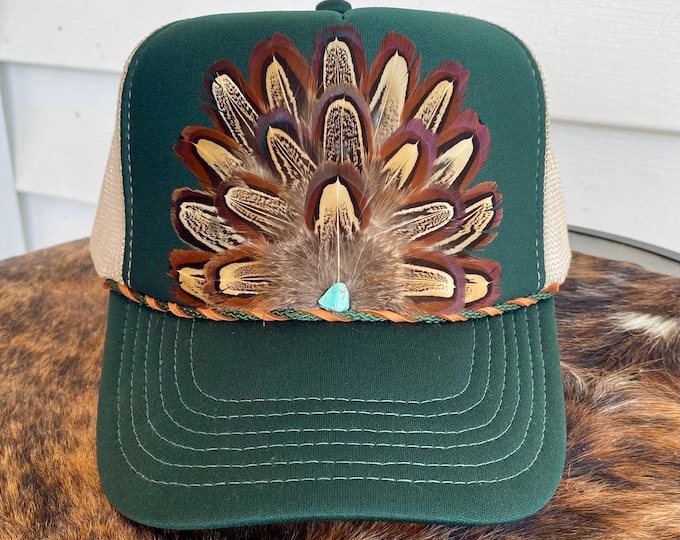 Feather Trucker Hat in Hunter Green and Khaki, Western Trucker, Cowgirl ...