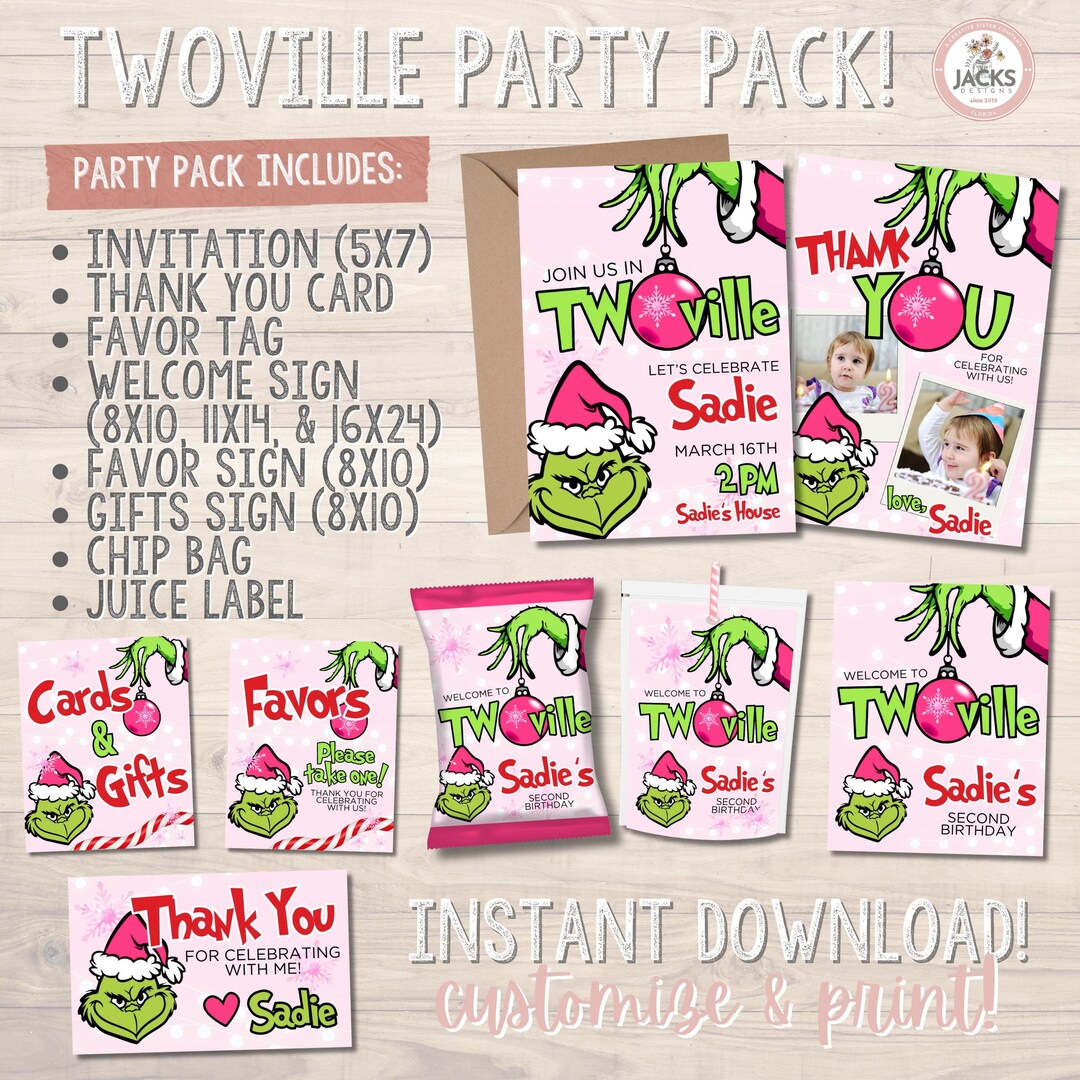 Twoville Birthday Party Invitation Bundle, Grinch Birthday Invitation ...
