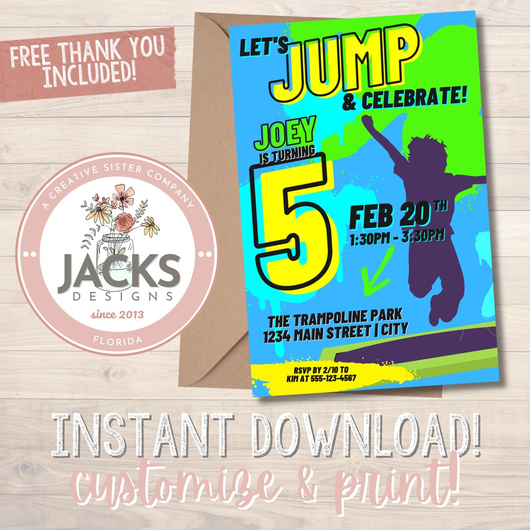 Trampoline Park Birthday Party Invitation, Bounce Into Fun, Kids ...